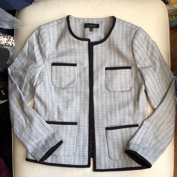 Talbots | Jackets & Coats | Talbots Blackwhite Tweed Open Front Collarless Blazer With Black ...